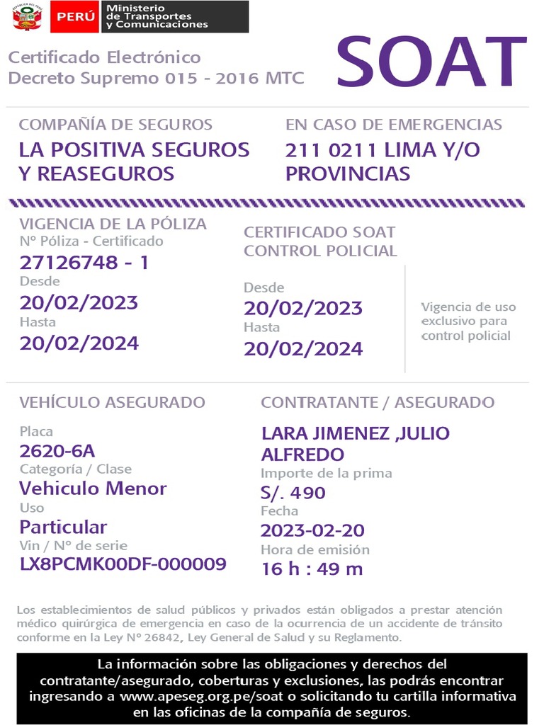 SOAT Certificado Electrónico | PDF