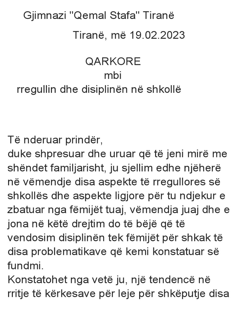 Qarkore, Mbi Rregullin Dhe Disiplinën Në Shkollë | PDF