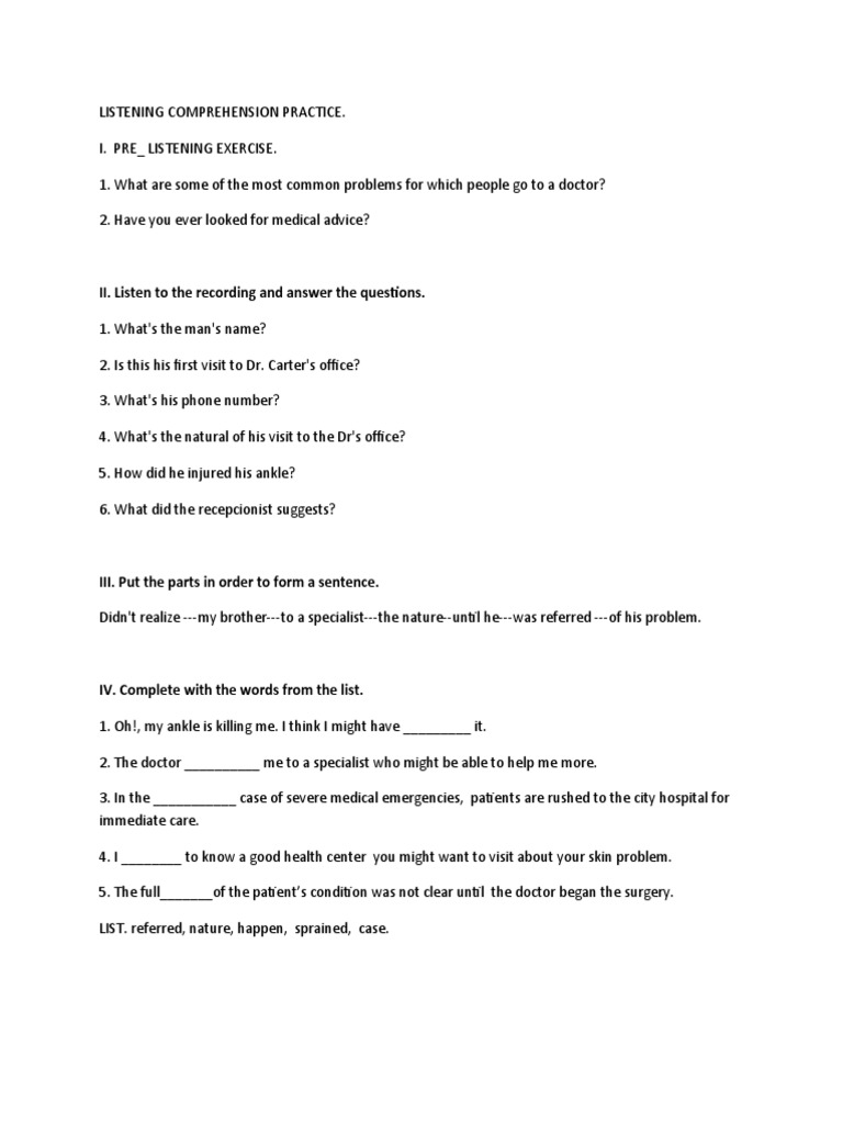 Listening Comprehension: Medical Visits | PDF | Self-Improvement | Wellness