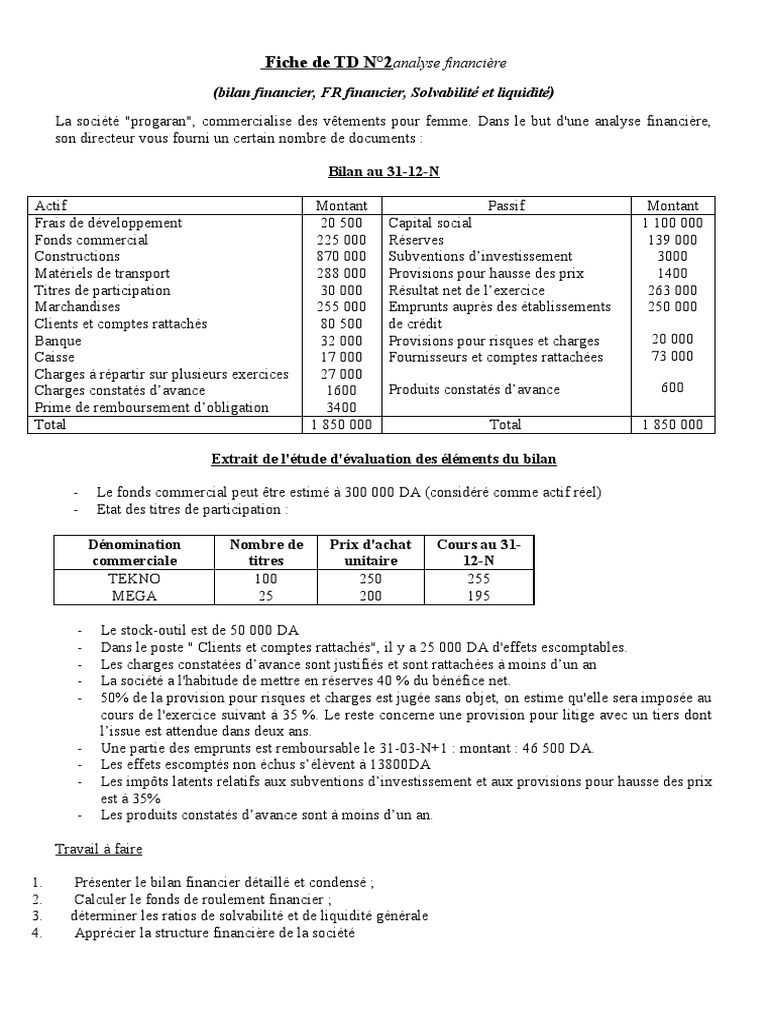 Fiche de TD 2 | PDF | Bilan comptable | Prêts