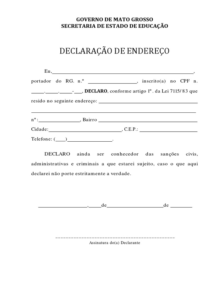 Declaração de Endereço PDF | PDF | Finanças e Administração de Capital ...
