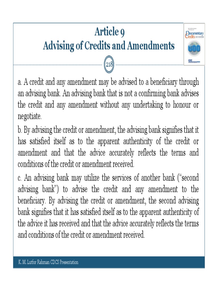 Article 9 Advising of Credits and Amendments: K. M. Lutfor Rahman CDCS ...