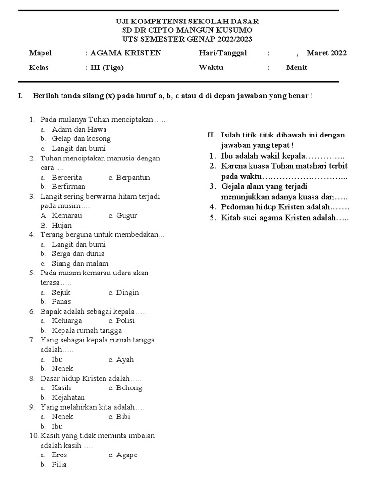 Soal Agama Kristen Kelas 3 | PDF