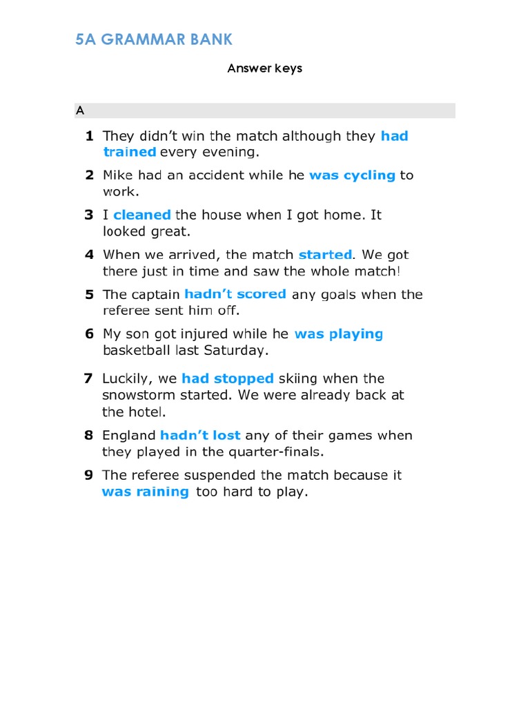 5a Grammar Bank Answer Keys | PDF