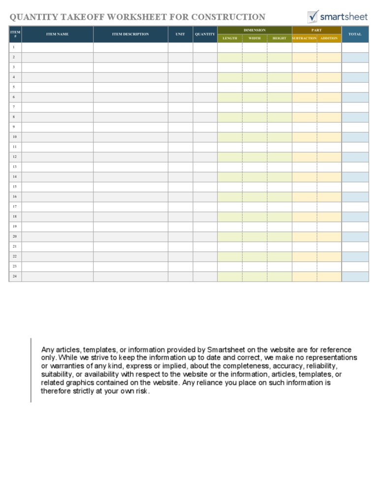 IC Construction Plans Quantity Takeoff Worksheet For Construction ...