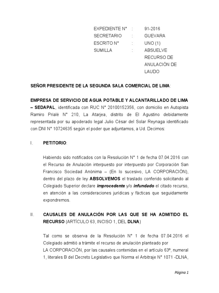 Absuelve Recurso de Anulacion de Laudo | PDF | Arbitraje | Jurisdicción Absuelve Recurso de Anulacion de Laudo | PDF | Arbitraje | Jurisdicción