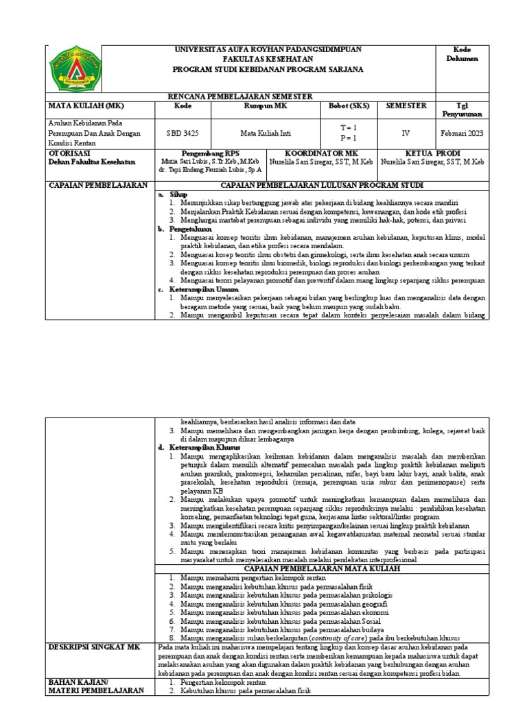 RPS Kondisi Rentan Sem 4 2023 | PDF