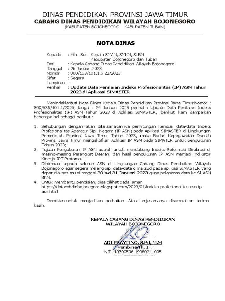 Nota Dinas Update Data Penilaian Indeks Profesionalitas (Ip) Asn Tahun ...