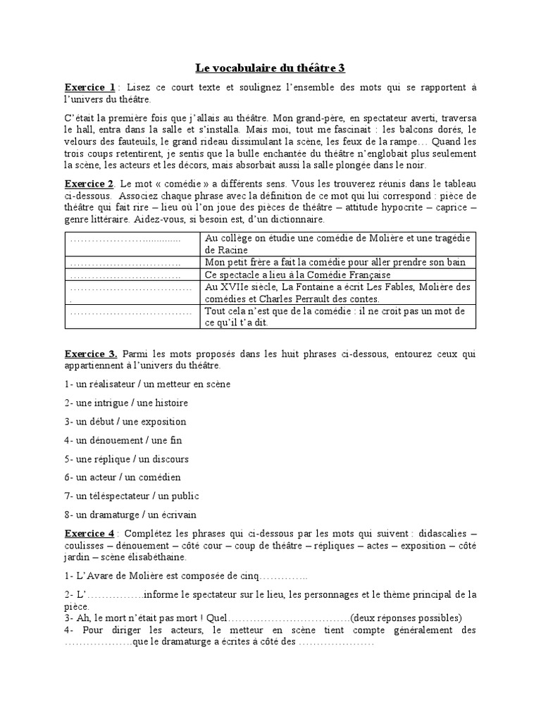 Vocabulaire du Théâtre : Exercices et Lexique | PDF | Théâtre | Comédie