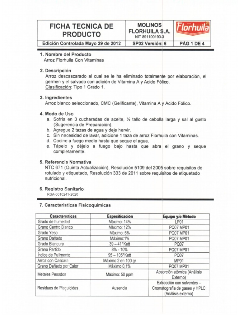 Ficha Tecnica - Arroz Florhuila | PDF