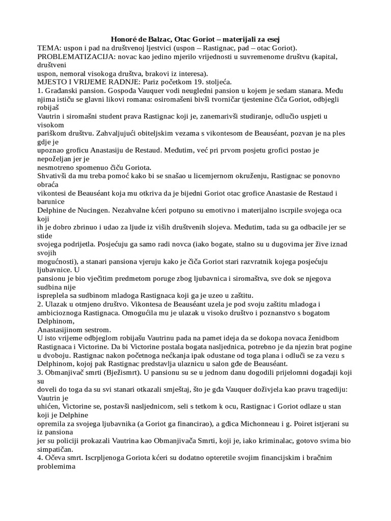 Otac Goriot, Materijali Za Esej | PDF