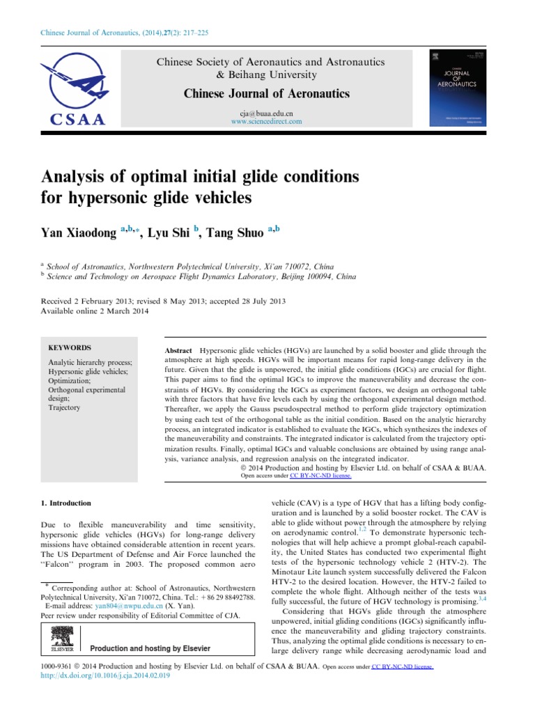 Analysis Of Optimal Initial Glide Conditions For Hypersonic Glide Vehicles Pdf Matrix
