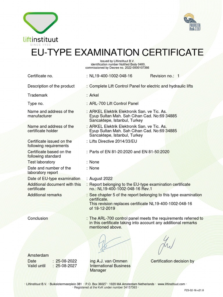 ARL-700 Control Panels Type-Examination Certificate EN 81-20 - 50 | PDF