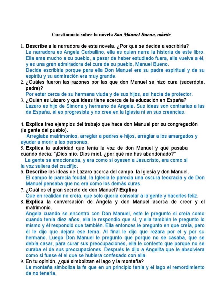 Cuestionario sobre San Manuel Bueno, mártir | PDF | Dios | Sacerdote