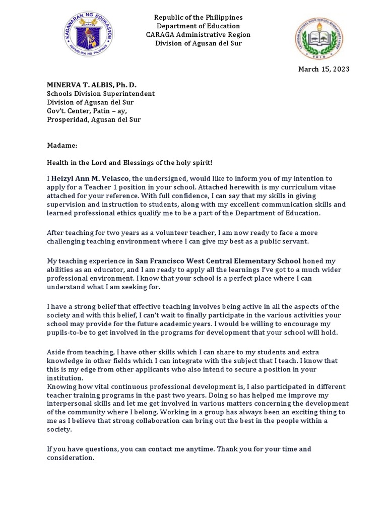 Letter of Intent for Teacher 1 Position | PDF | Teachers | Teaching
