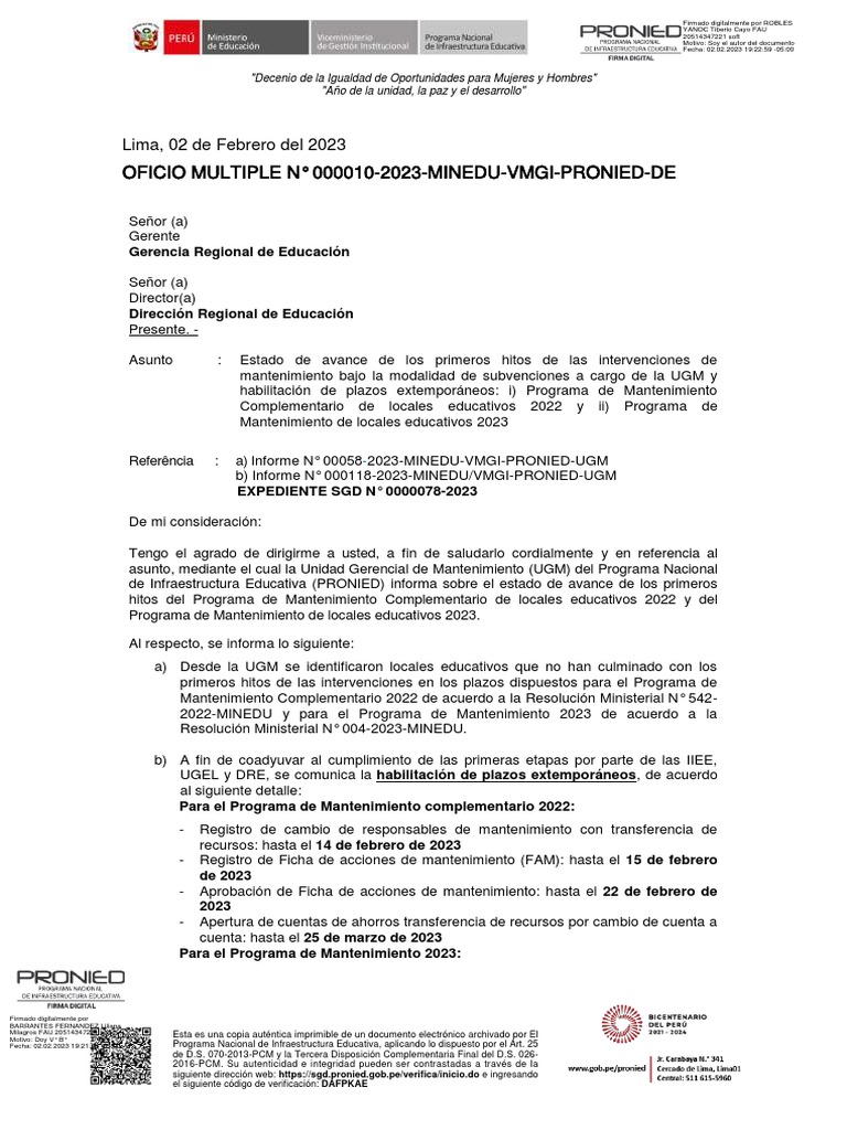 Ampliacion Oficio Multiple-000010-2023-Minedu-Vmgi-Pronied-De PDF | PDF
