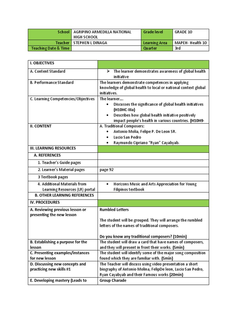 LP in Health Grade 10 | PDF | Learning | Education Theory