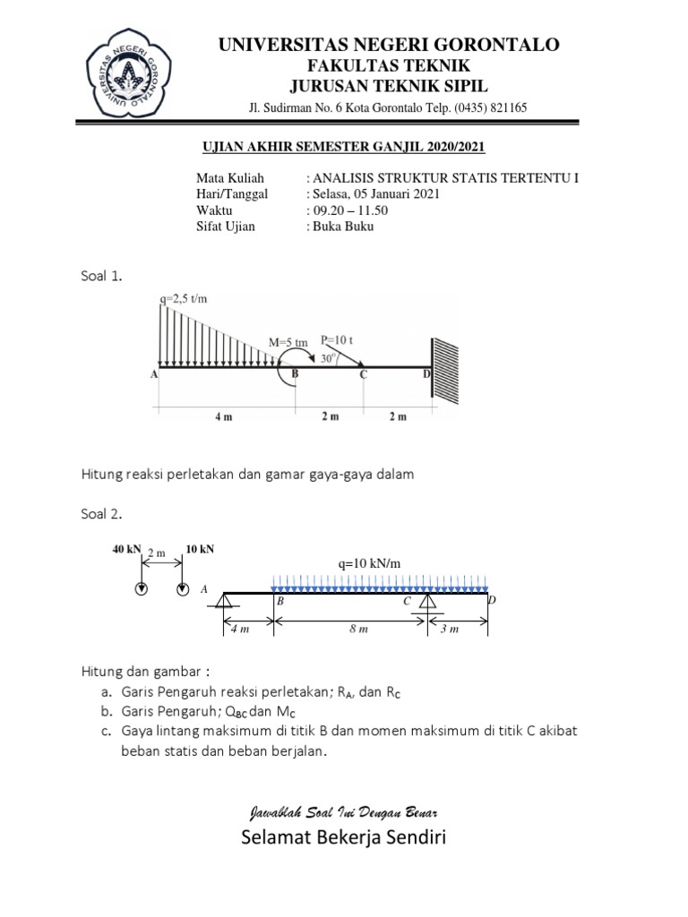 Soal Ujian Statika I 2021 PDF | PDF