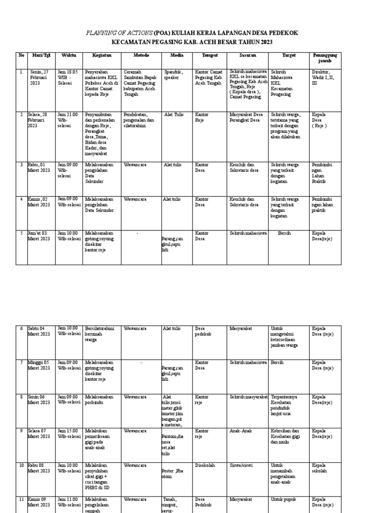Planning of Actions (Poa) | PDF