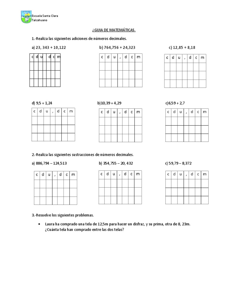 GUIA DE MATEMÁTICAS Decimales Sumas y Restas | PDF
