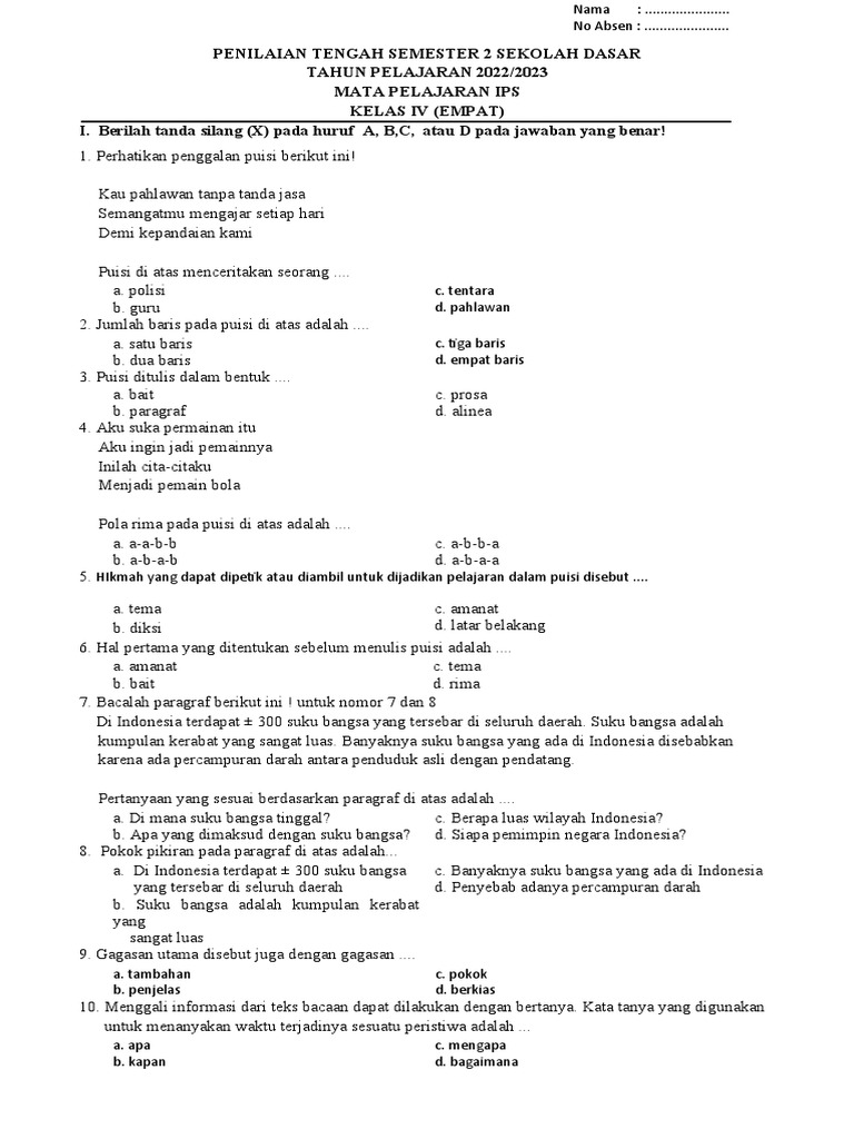 Soal Uts B.indo Kelas 4 | PDF | Fiksi Umum