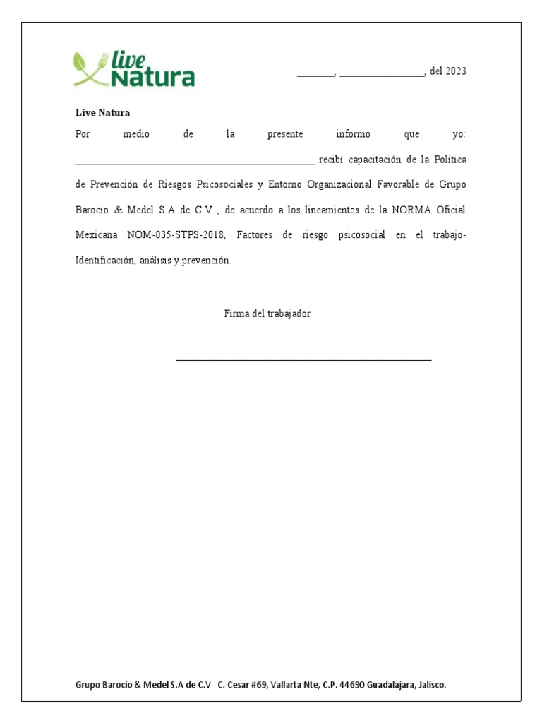 Carta Conocimiento NOM 035 STPS 2018. | PDF