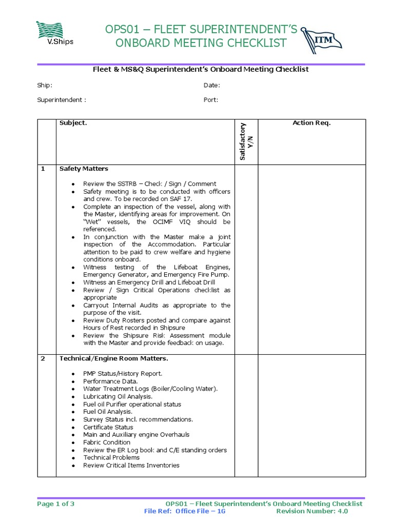 OPS 01 - Fleet Superintendent's Onboard Meeting Checklist | PDF | Audit ...