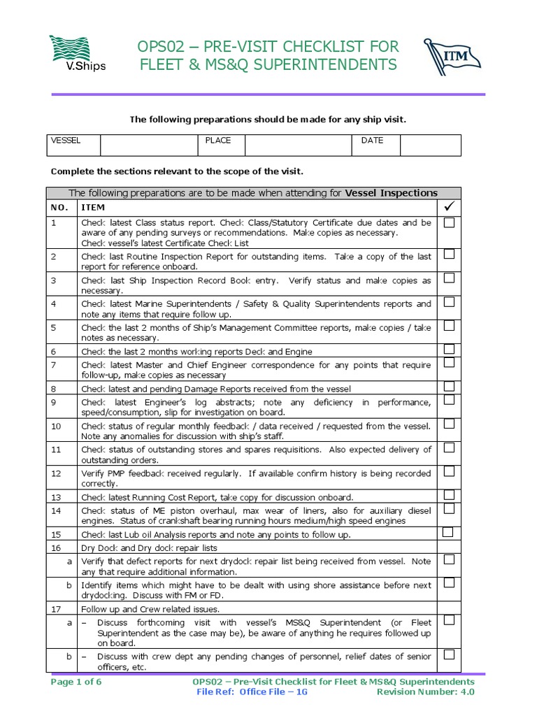 OPS 02 - Pre-Visit Checklist For Superintendents | PDF | Audit | Ships