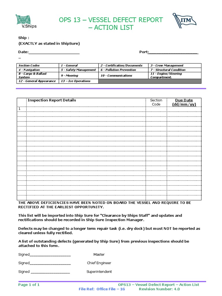 OPS 13 Vessel Defect Report-Action List | PDF
