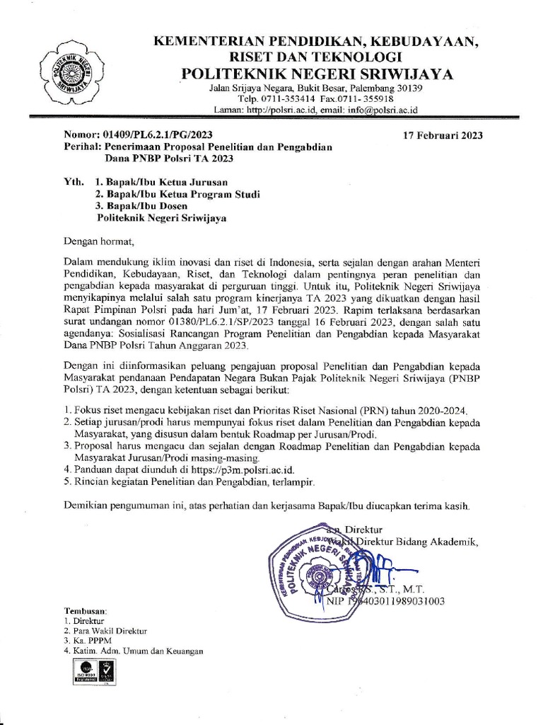 Penerimaan Prop PL&PG PNBP POLSRI 2023 | PDF