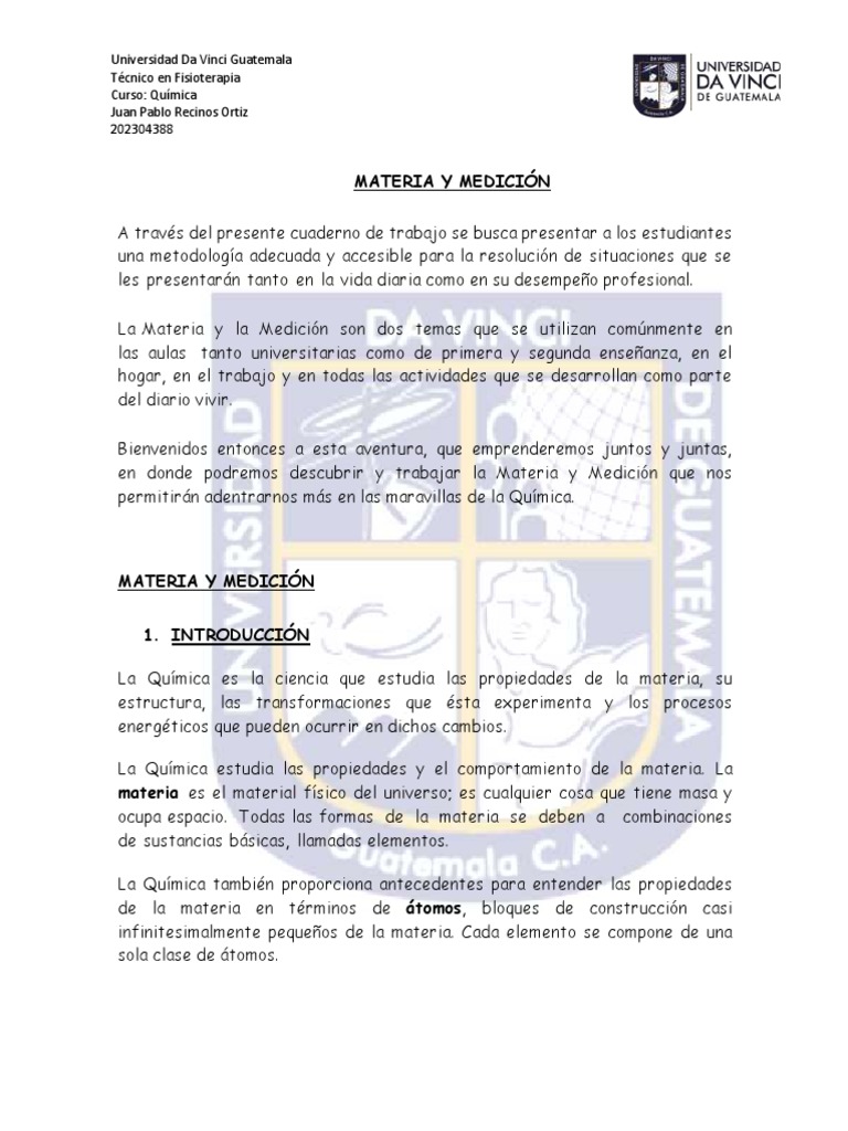 HOJA TRABAJO 1, 2, 3. MATERIA Y MEDICIÓN Química PDF | Descargar gratis PDF | Importar | Química