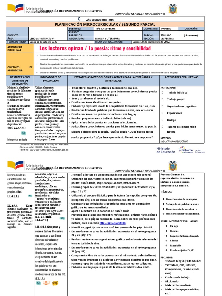 Plan de Clases Noveno Segundo Parcial | PDF | Poesía | Aprendizaje
