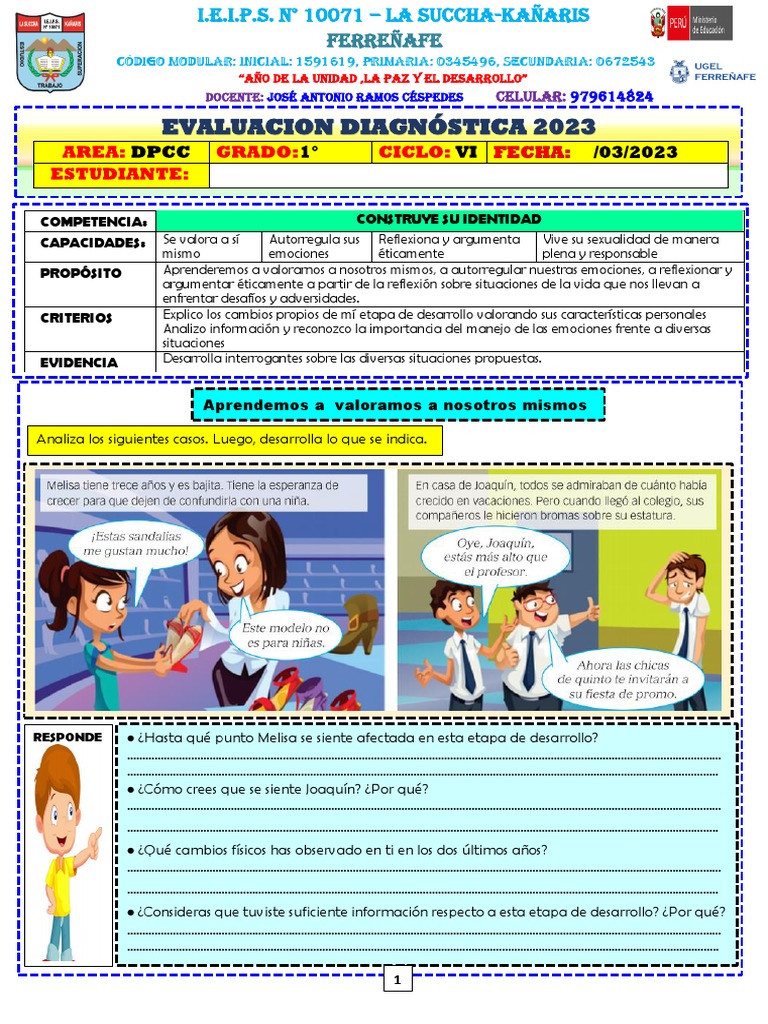 Eval. Diag. 1° DPCC 2023 1 PDF | PDF | Autoestima | Las emociones