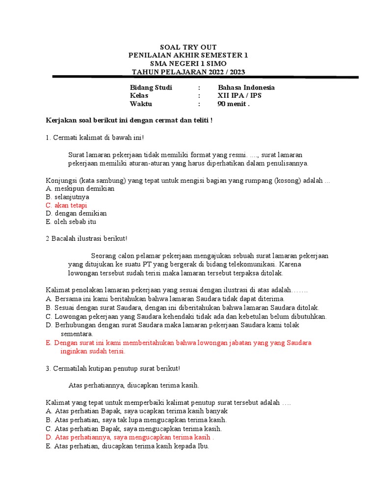 Soal Try Out Bahasa Indonesia SMA | PDF | Seni & Disiplin Bahasa | Kajian Bahasa Asing