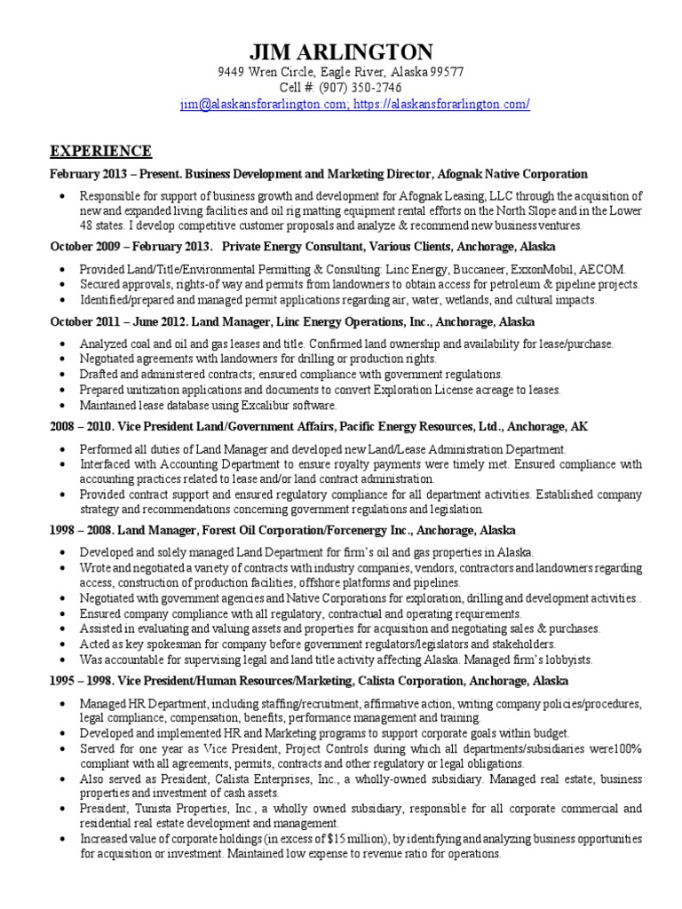 Jim Arlington's Resume | PDF | Alaska | Business