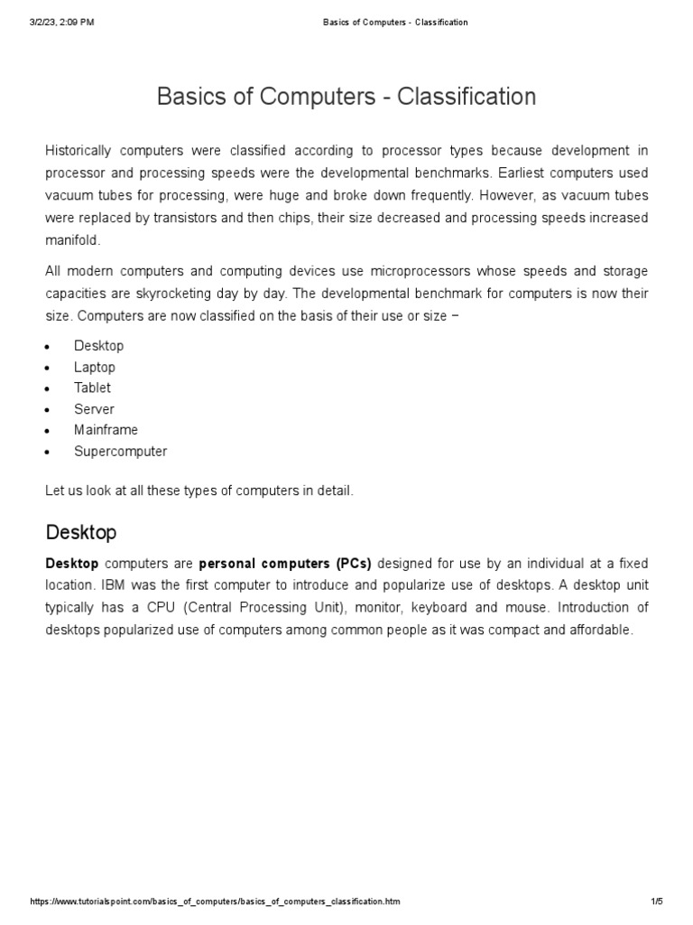 Basics of Computers - Classification PDF | PDF | Tablet Computer | Laptop