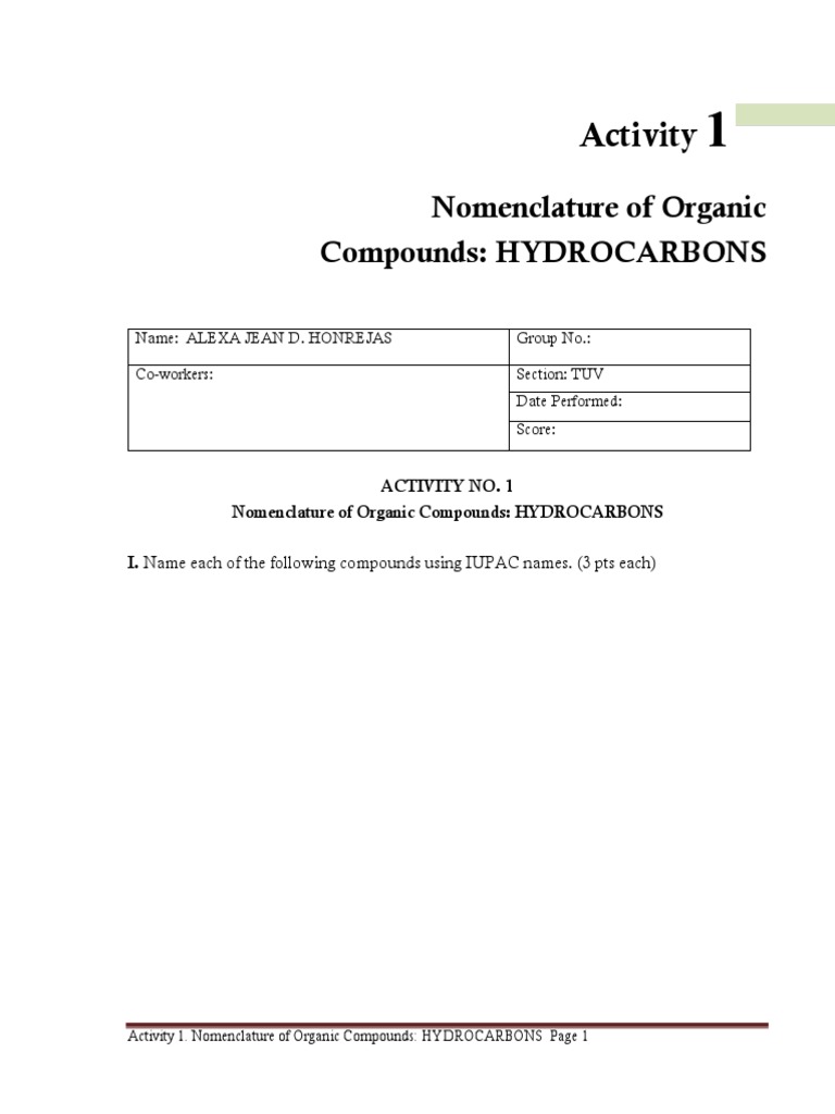 Activity: Nomenclature of Organic Compounds: HYDROCARBONS | Download ...