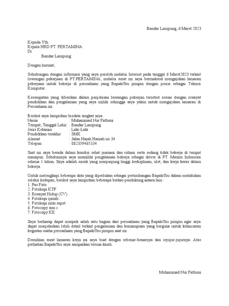 Contoh Surat Lamaran Kerja Pertamina | PDF