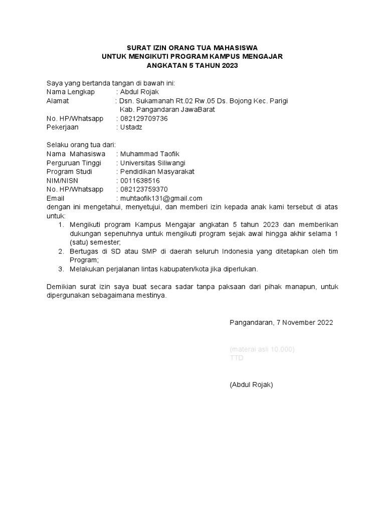 Surat Izin Orang Tua MBKM Kampus Mengajar-Muhammad Taofik | PDF