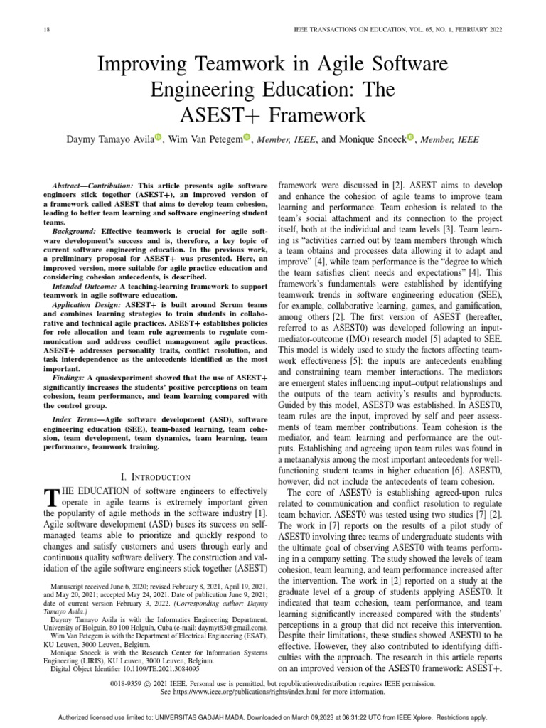 Improving Teamwork in Agile Software Engineering Education - The ASEST | PDF | Agile Software ...