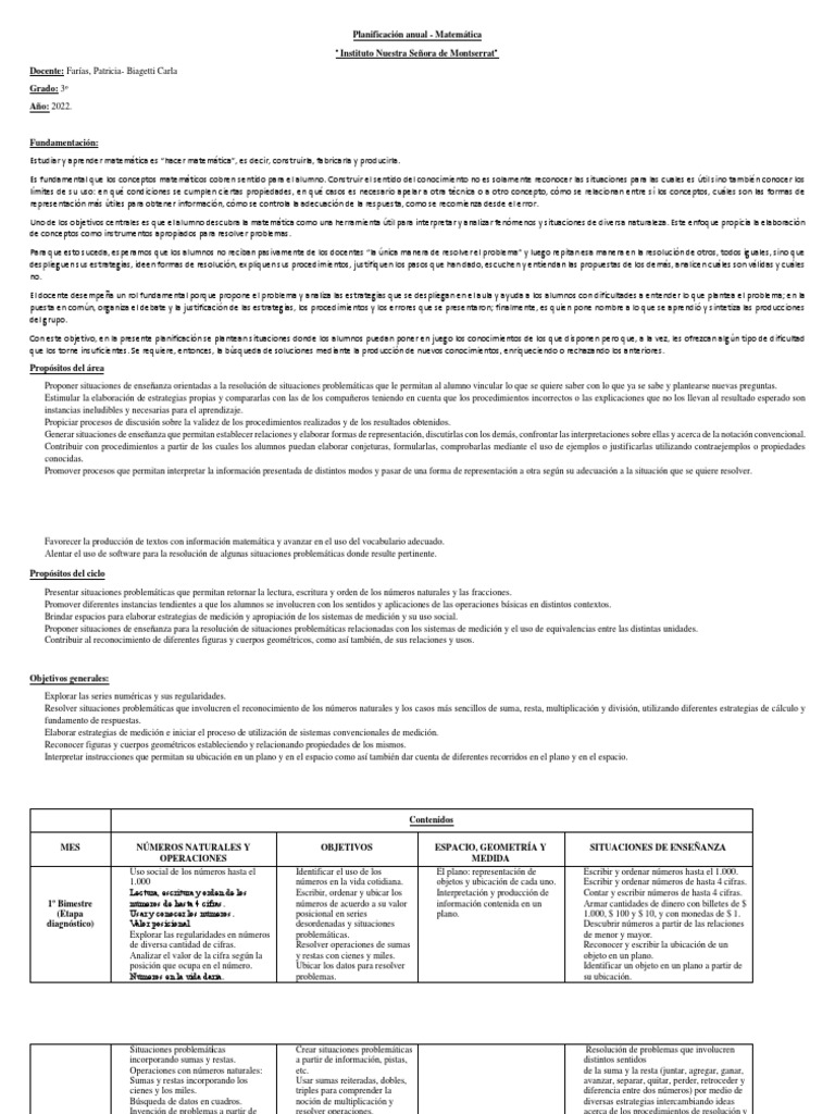 Planificación Matemática 3º Grado 2022 | PDF | Números | Geometría