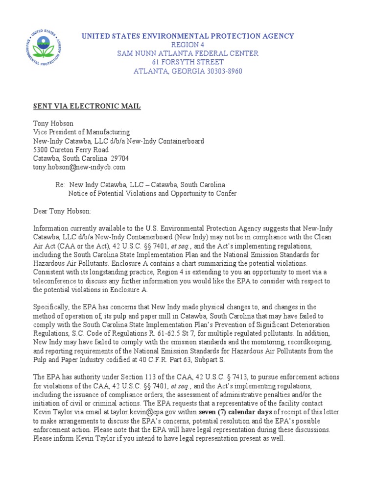 EPA Letter: Notice of Potential Violations For New-Indy | Download Free ...