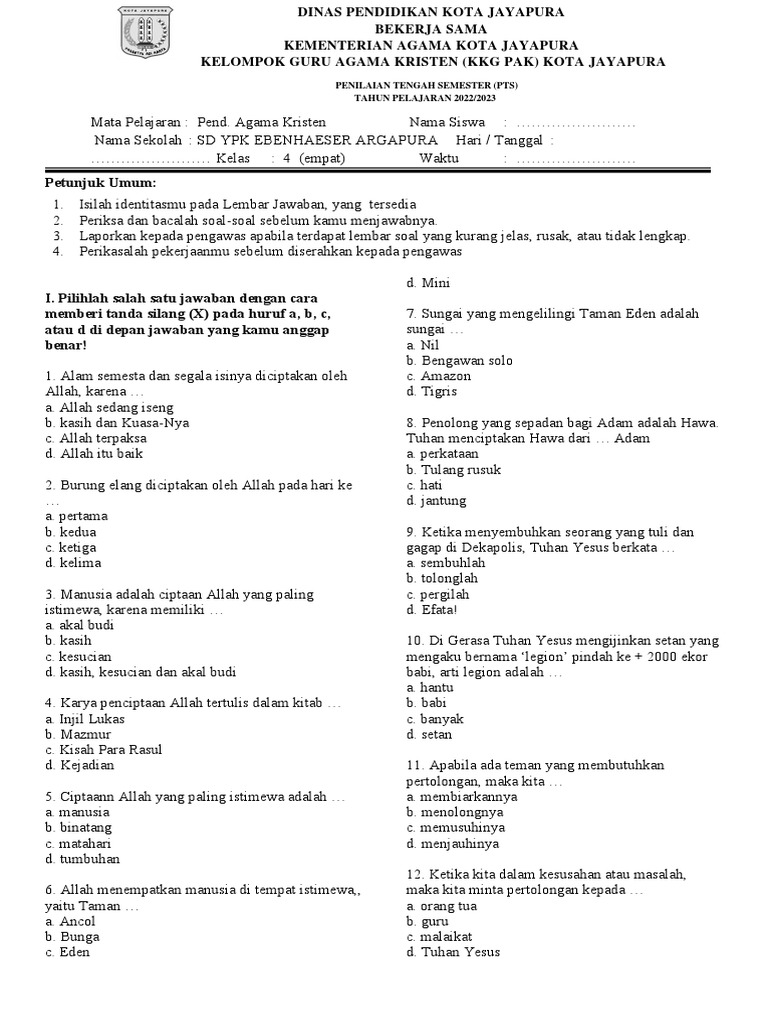 Soal PAT AGAMA KRISTEN KELAS 4 PDF | PDF