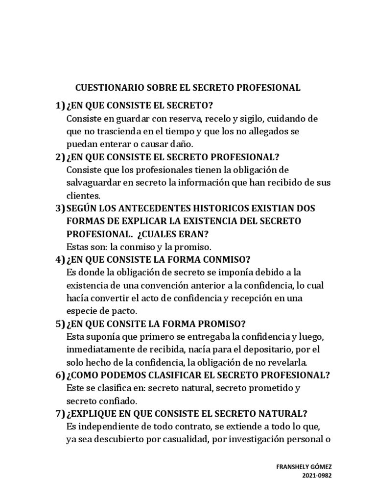 Cuestionario Sobre El Secreto Profesional Unidad Viii | PDF