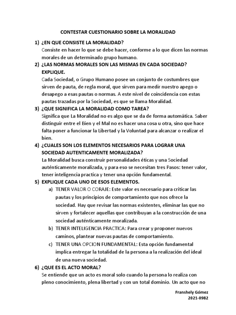 Cuestionario Sobre La Moralidad | PDF | Moralidad | Sociedad