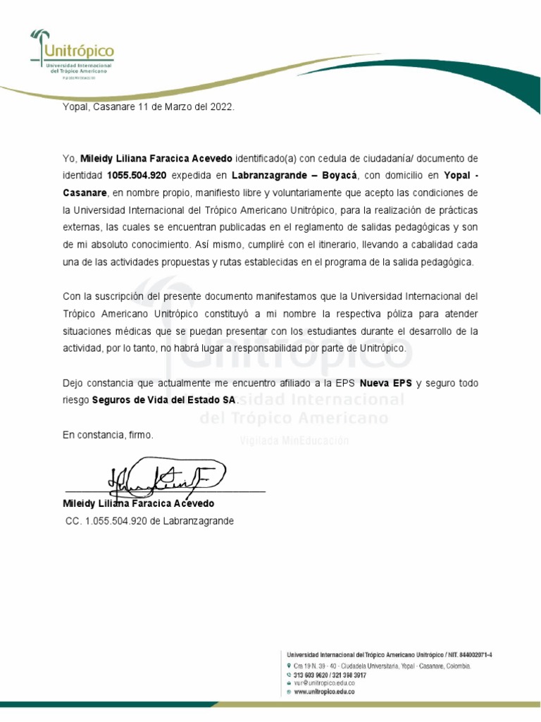 FORMATO. Carta de Compromiso Estudiante Mileidy | PDF | Salud y ...