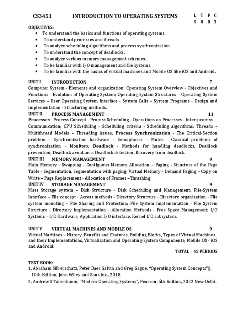 Cs3451 Os Syllabus 2021 Pdf Operating System Process Computing 
