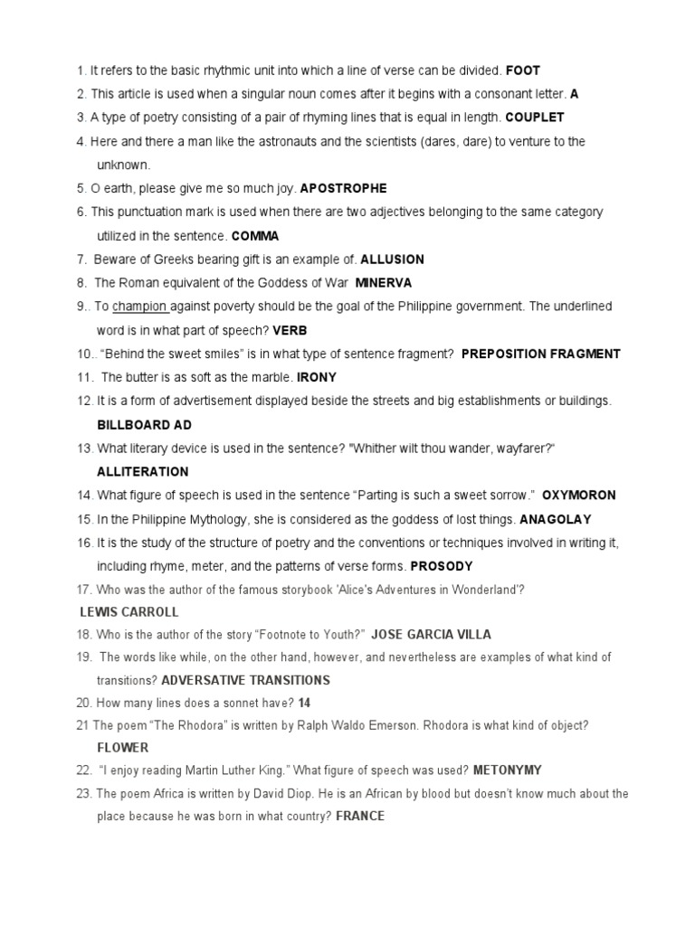 English Literature Quiz Questions | PDF | Poetry | One Thousand And One ...