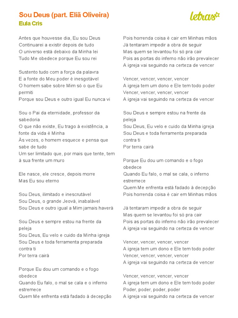 SOU DEUS (PART. ELIÃ OLIVEIRA) - Eula Cris (Impressão) PDF | PDF | Deus