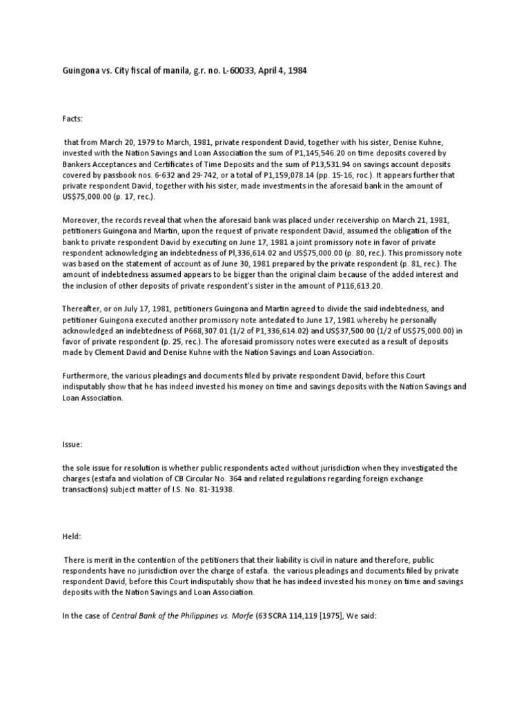 Guingona Vs City Fiscal of Manila | PDF | Banks | Deposit Account